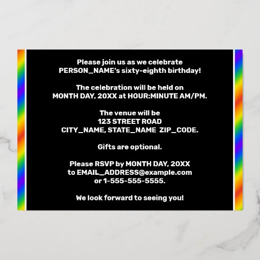 68th Birthday Party — Fun, Rainbow Spectrum “68” Foil Invitation | Zazzle
