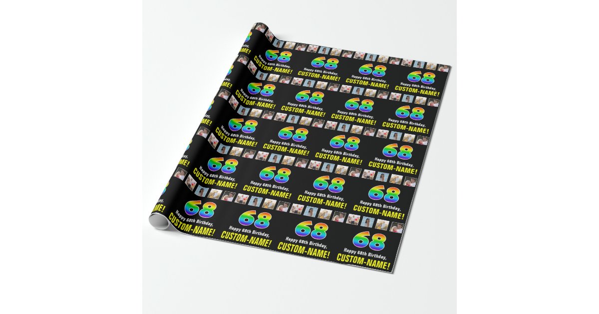 68th Birthday: Rainbow “68“; Custom Photos & Name Wrapping Paper | Zazzle