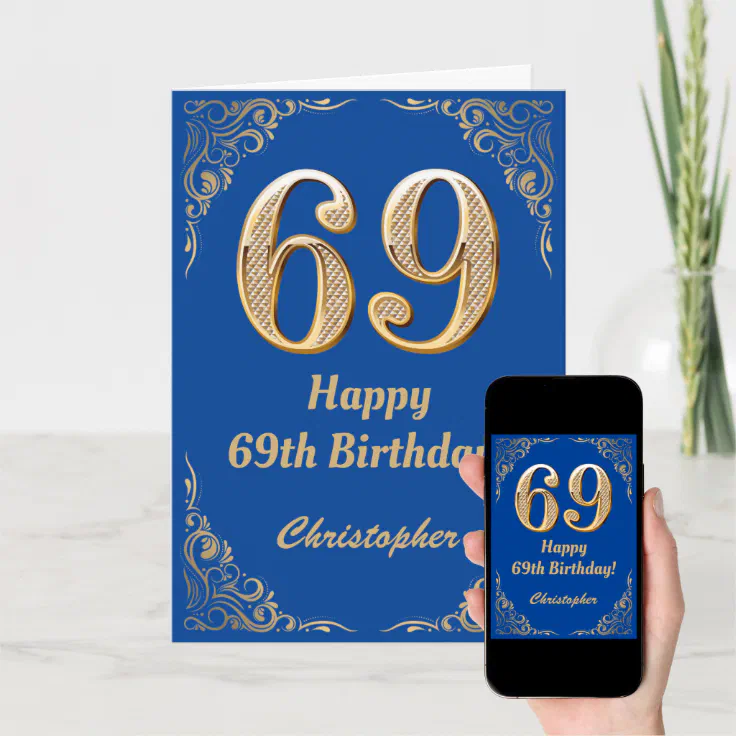 69th Birthday Blue and Gold Glitter Frame Card | Zazzle