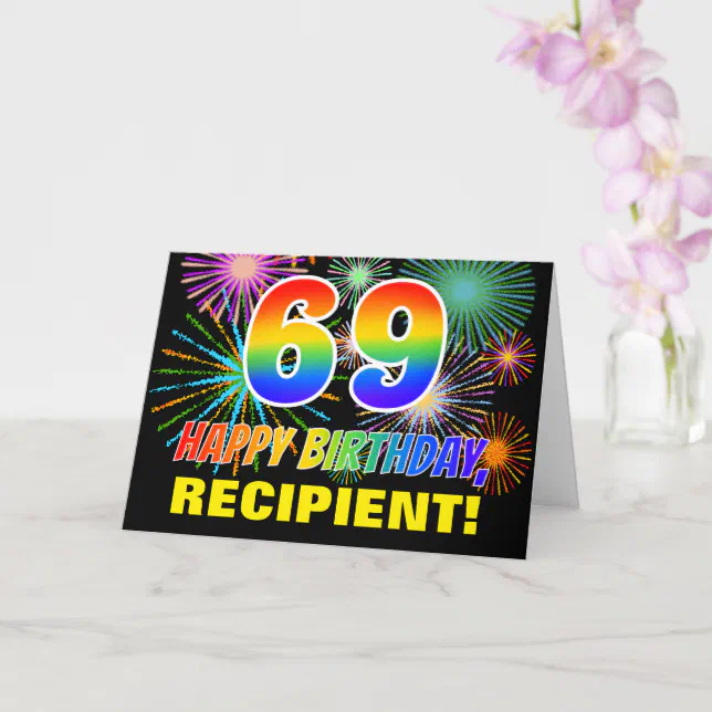 69th Birthday: Bold, Fun, Fireworks, Rainbow 69 Card | Zazzle