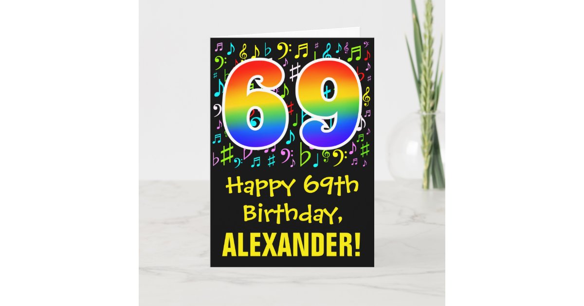 69th Birthday: Colorful Music Symbols + Rainbow 69 Card | Zazzle