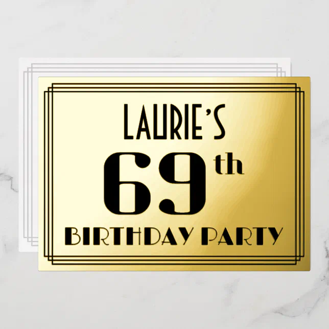 69th Birthday Party: Art Deco Look “69” and Name Foil Invitation | Zazzle