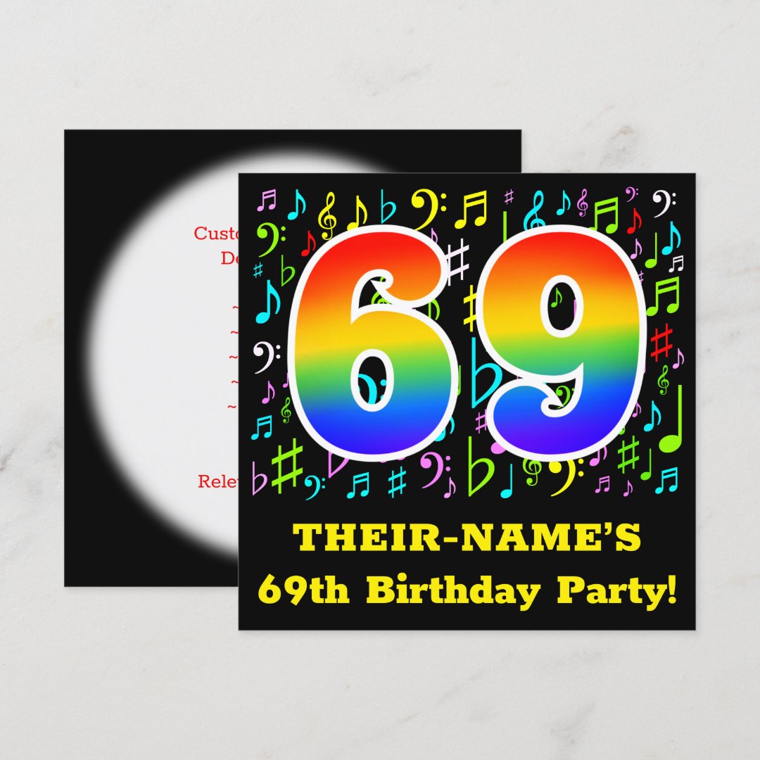 69th Birthday Party: Fun Music Symbols, Rainbow 69 Invitation | Zazzle