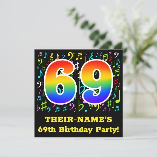 69th Birthday Party: Fun Music Symbols, Rainbow 69 Invitation | Zazzle