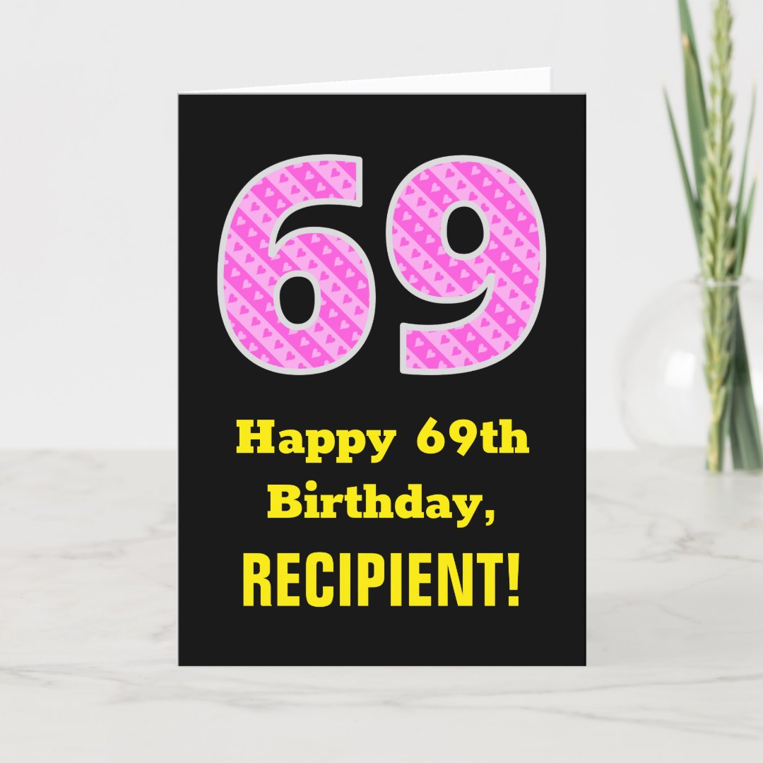 69th Birthday: Pink Stripes and Hearts "69" + Name Card | Zazzle