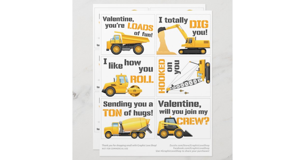 6 Construction Truck Classroom Valentine Cards | Zazzle