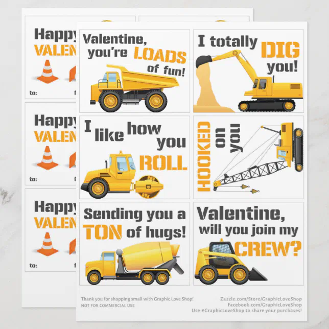 6 Construction Truck Classroom Valentine Cards | Zazzle