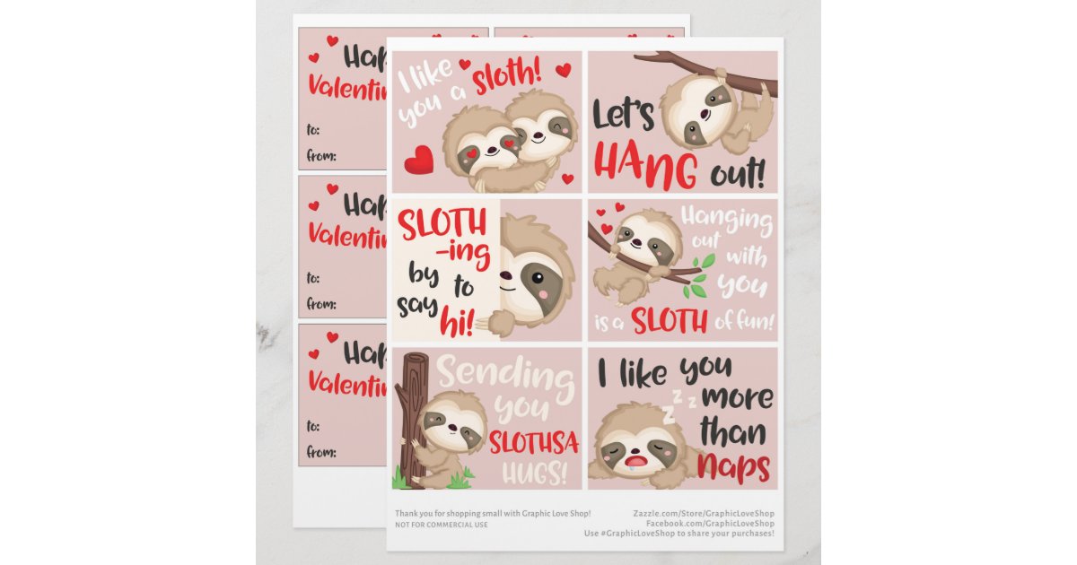 6 Cute Sloth Kids Classroom Valentine's Day Cards | Zazzle