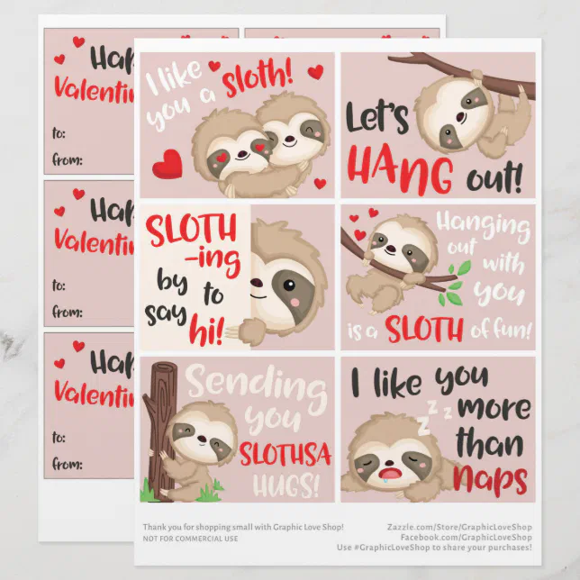 6 Cute Sloth Kids Classroom Valentine's Day Cards | Zazzle