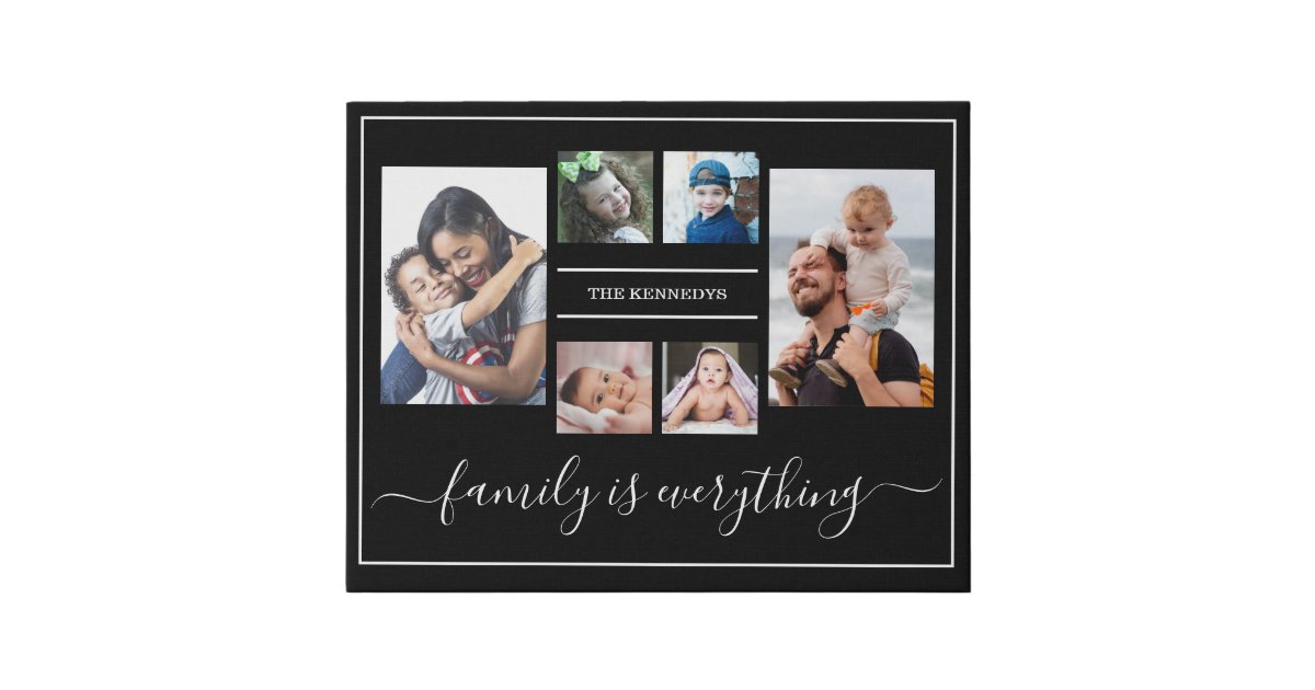 6 Photo Collage Family Name Quote Black Faux Canvas Print | Zazzle
