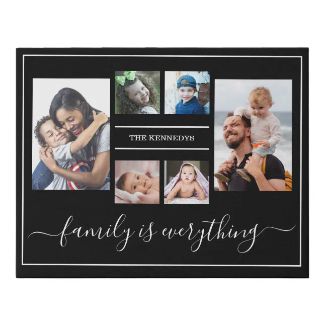 6 Photo Collage Family Name Quote Black Faux Canvas Print | Zazzle
