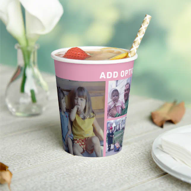 6 Photo Collage Grid - Custom Text Blush Pink Paper Cups | Zazzle
