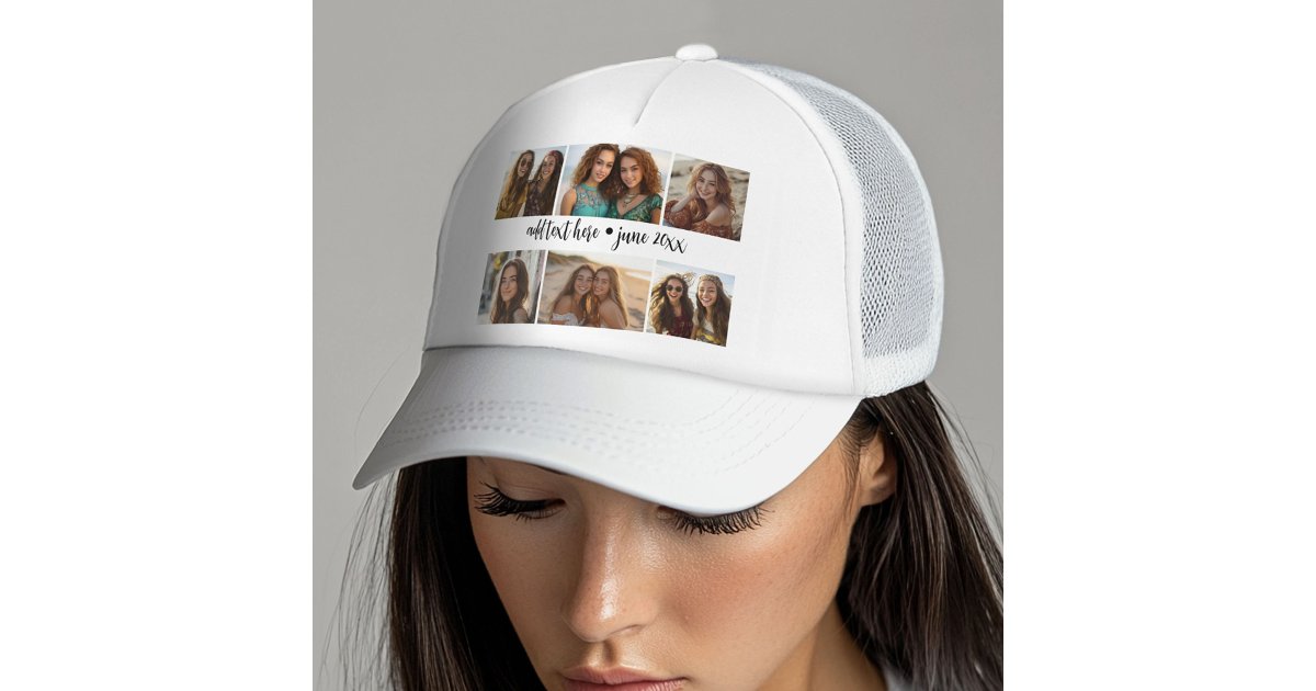 6 Photo Collage Grid - White Custom Text - Black Trucker Hat | Zazzle
