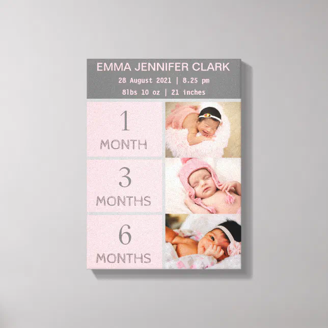 6 photo collage nursery newborn baby month details canvas print | Zazzle