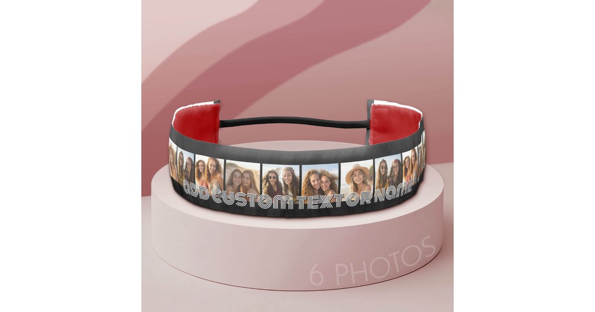 6 Photo Collage - Trendy Script - black and white Athletic Headband ...