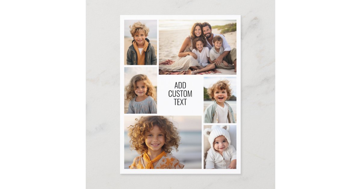 6 photo collage - white background - black text postcard | Zazzle
