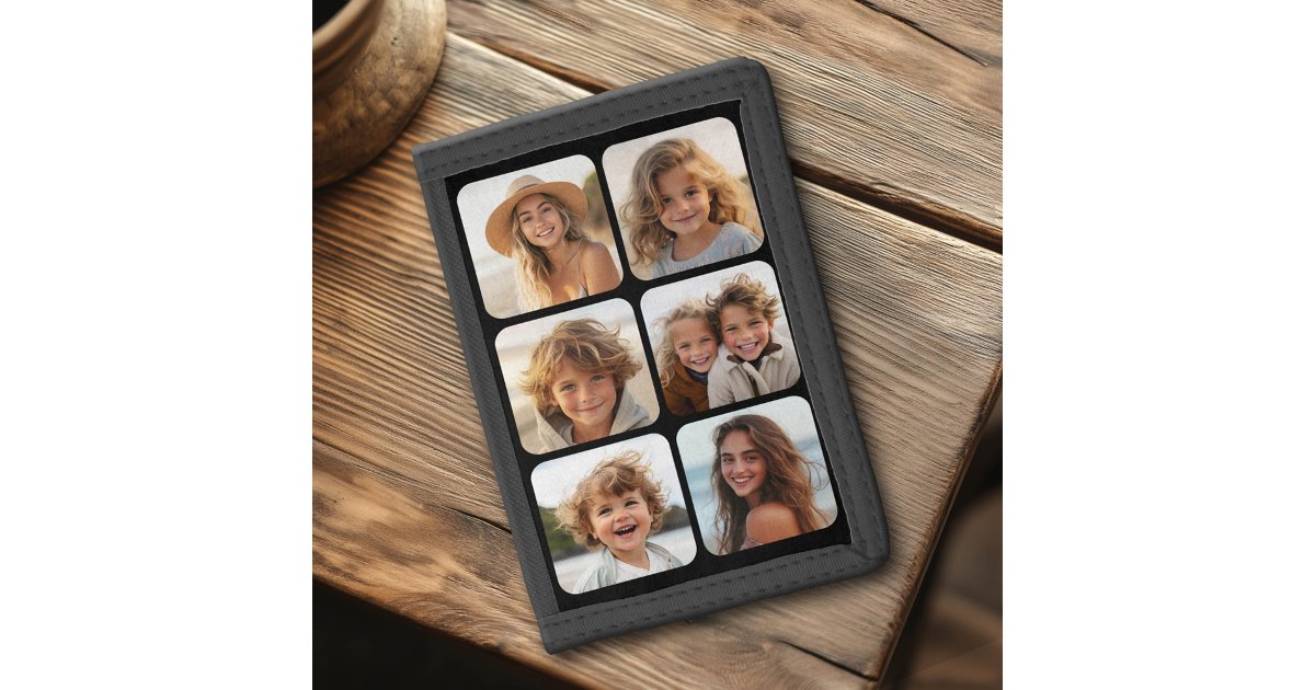 6 Photo Collage with Rounded Corners on black Trifold Wallet | Zazzle
