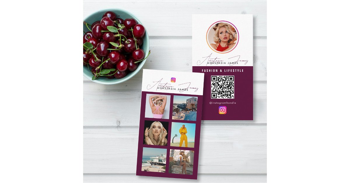 6 Photo Feed Grid Social Media QR Code Burgundy Business Card | Zazzle