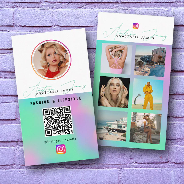 6 Photo Feed Grid Social Media QR Code Holographic Business Card | Zazzle