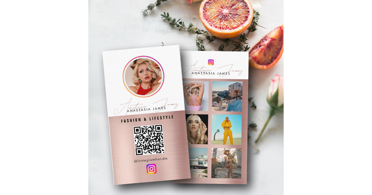 6 Photo Feed Grid Social Media QR Code Rose Gold Business Card | Zazzle
