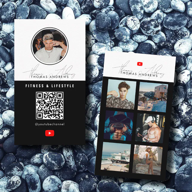 6 Photo Feed Grid Vlogger Channel QR Code Male Business Card | Zazzle