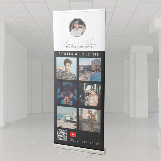 6 Photo Feed Grid Vlogger Channel QR Code Male Retractable Banner | Zazzle