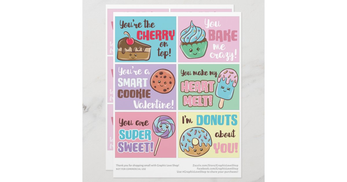 6 Sweet Treats Kids Classroom Valentines Day Cards | Zazzle