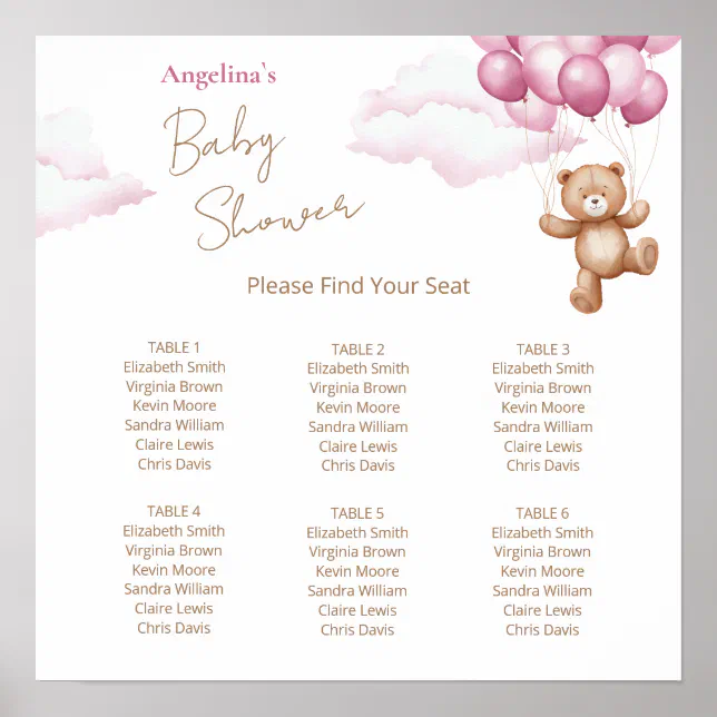 6 Table Baby Shower Seating Chart Printable | Zazzle