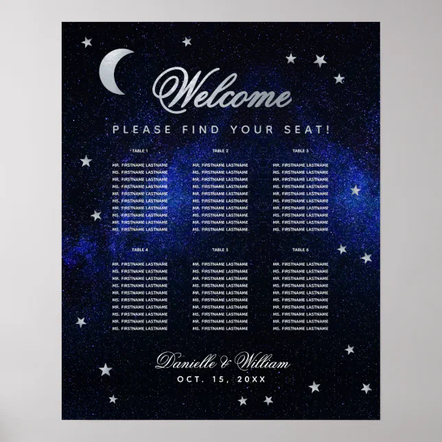 6 Table Celestial Wedding Stars Moon Seating Chart | Zazzle