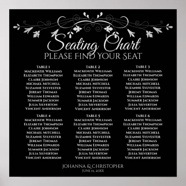 6 Table Chic Silver & Black Wedding Seating Chart | Zazzle
