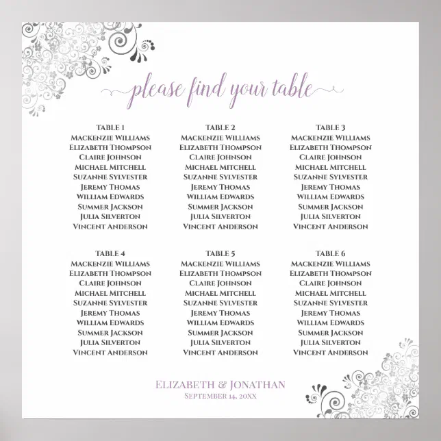 6 Table Lacy Wedding Seating Chart Lavender White | Zazzle