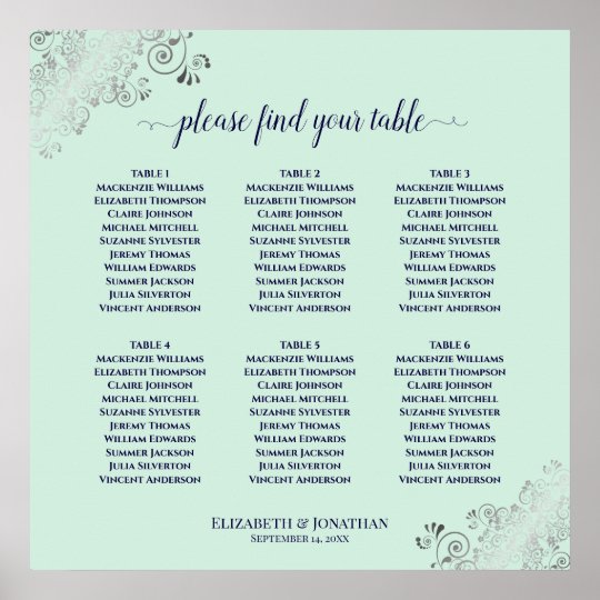 6 Table Mint Green & Navy Wedding Seating Chart | Zazzle.com
