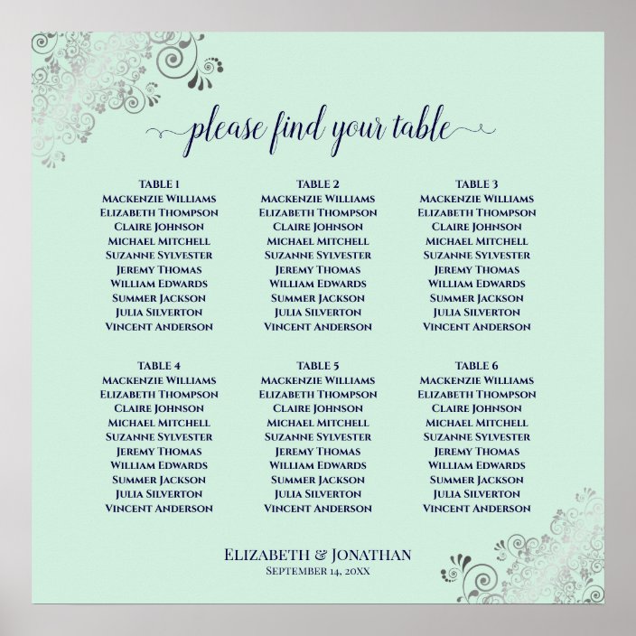 6 Table Mint Green & Navy Wedding Seating Chart | Zazzle.com