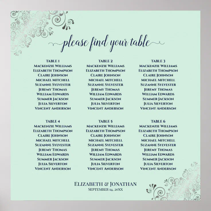 6 Table Mint Green & Navy Wedding Seating Chart | Zazzle