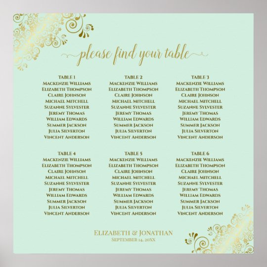 6 Table Neo Mint & Gold Wedding Seating Chart | Zazzle.com