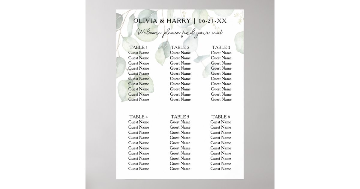 6 Table Watercolor Ecalyptus Wedding Seating Chart | Zazzle