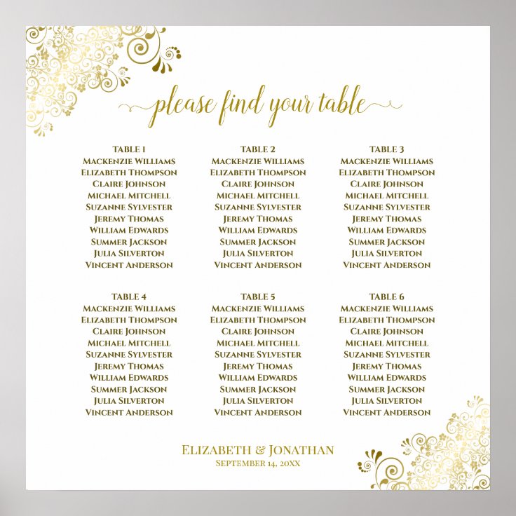 6 Table Wedding Seating Chart Gold Frills on White | Zazzle