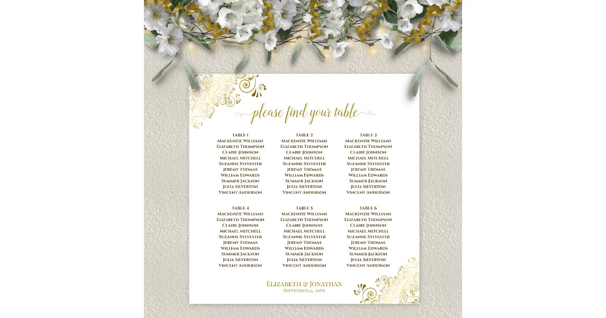 6 Table Wedding Seating Chart Gold Frills on White | Zazzle