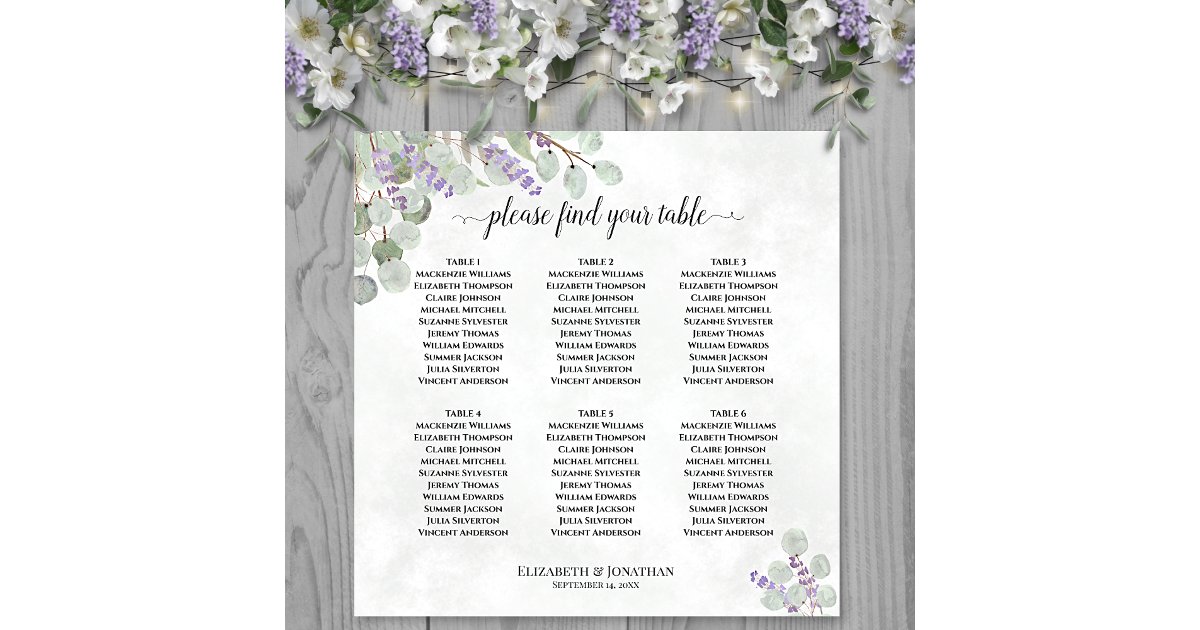 6 Table Wedding Seating Chart Lavender Eucalyptus | Zazzle