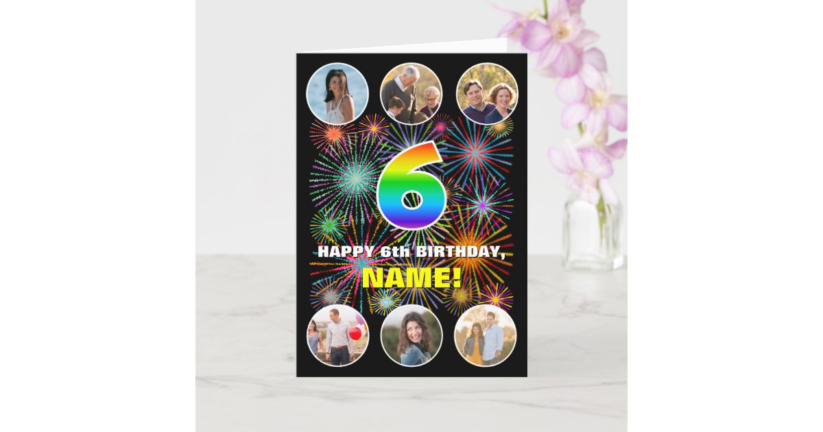 6th Birthday: Fun Rainbow #, Custom Name & Photos Card | Zazzle