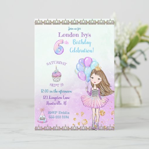 6th Birthday Girl Princess Cupcake Balloons Invitation | Zazzle