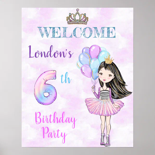 6th Birthday Girl Princess Lavender Turquoise Poster | Zazzle