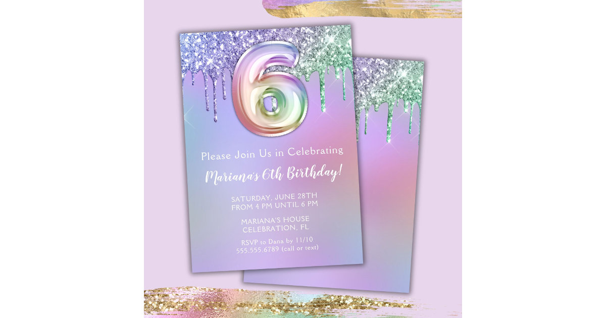 6th Birthday Party Invitation Purple Pink Glitter | Zazzle