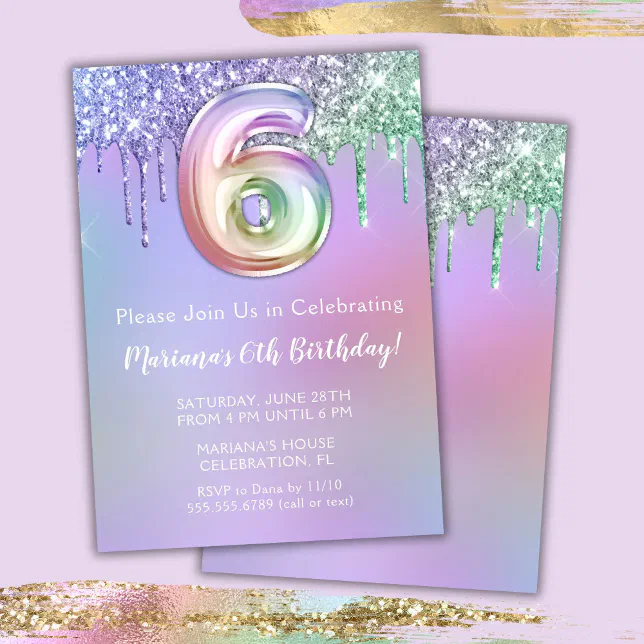 6th Birthday Party Invitation Purple Pink Glitter | Zazzle