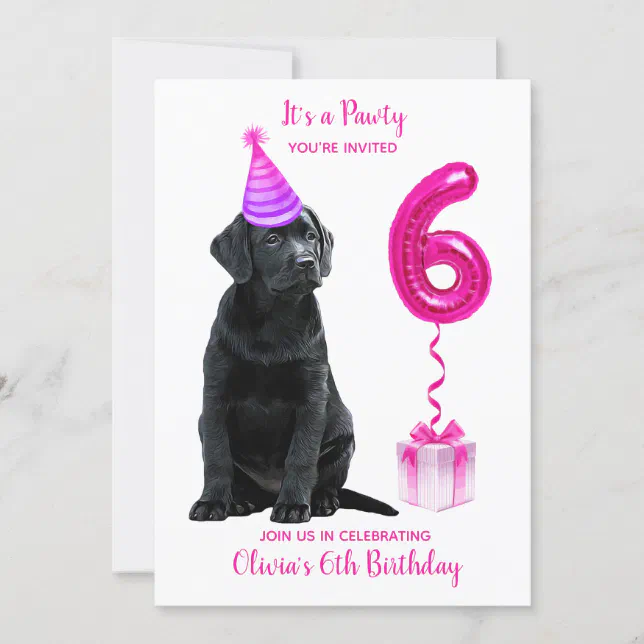 6th Birthday Puppy Theme- Cute Dog Pink Girl Pawty Invitation | Zazzle
