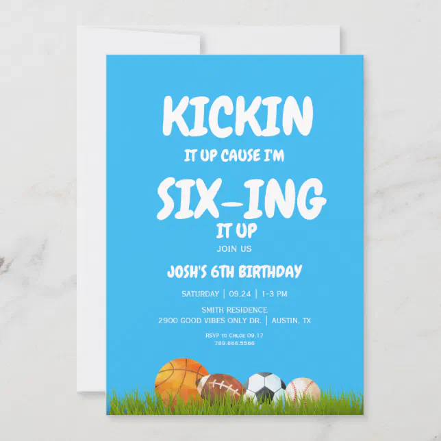 6th Boy's Kickin it Up Blue Birthday Party II Invitation | Zazzle