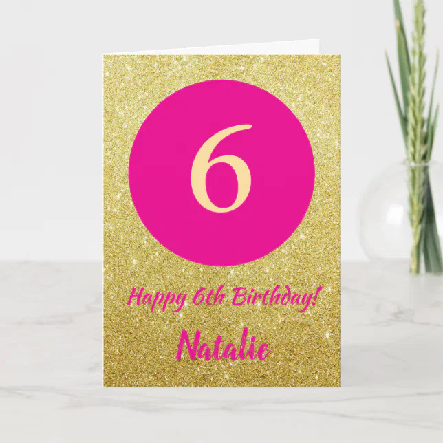 6th Happy Birthday Hot Pink and Gold Glitter Card | Zazzle