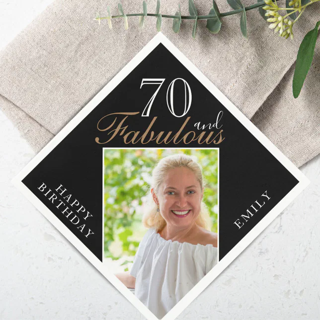 70 and Fabulous Elegant Script Photo 70th Birthday Napkins | Zazzle