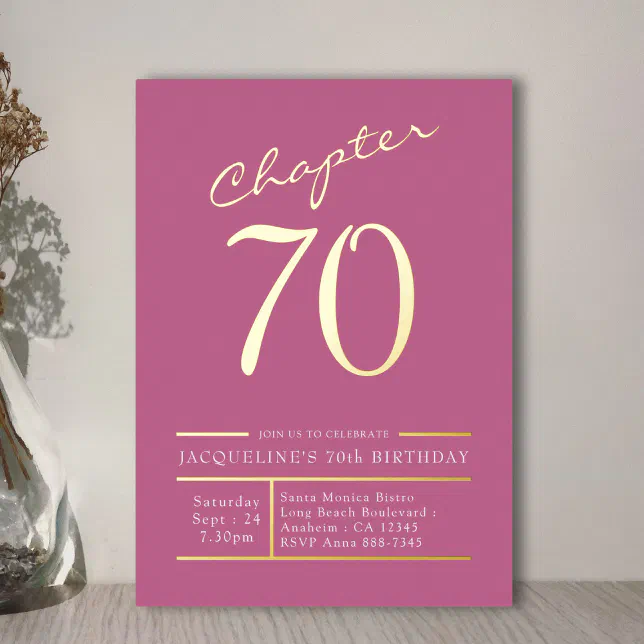 70 Pink 70th Birthday Party Gold Foil Invitation | Zazzle