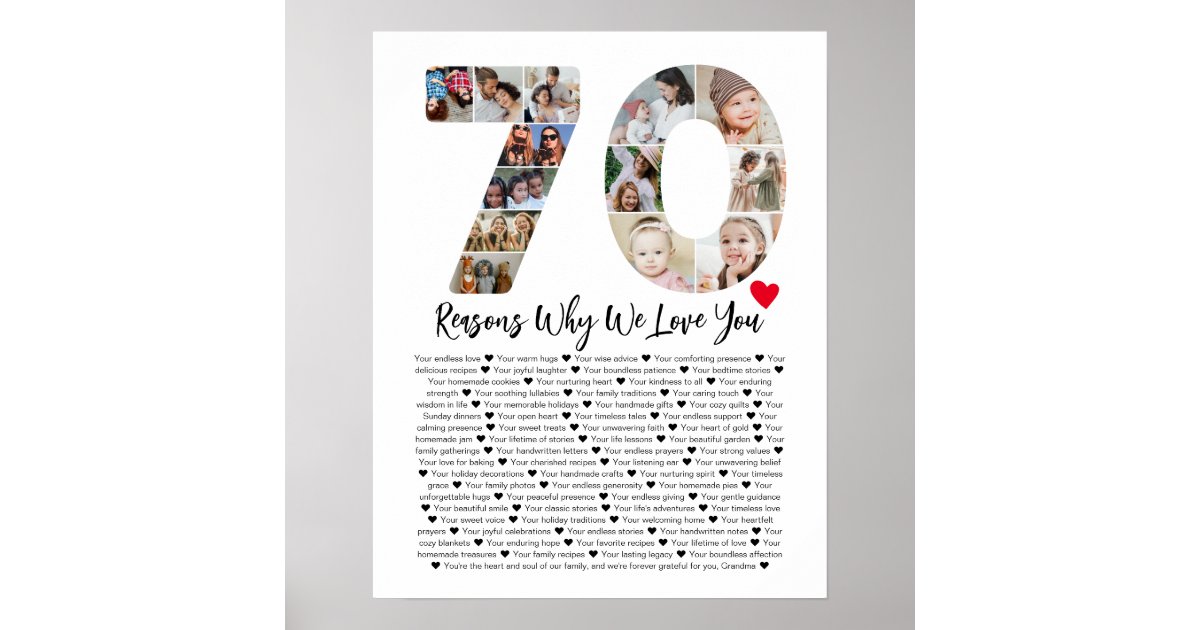 70 Reasons Why We Love You 70th Birthday Collage Poster | Zazzle